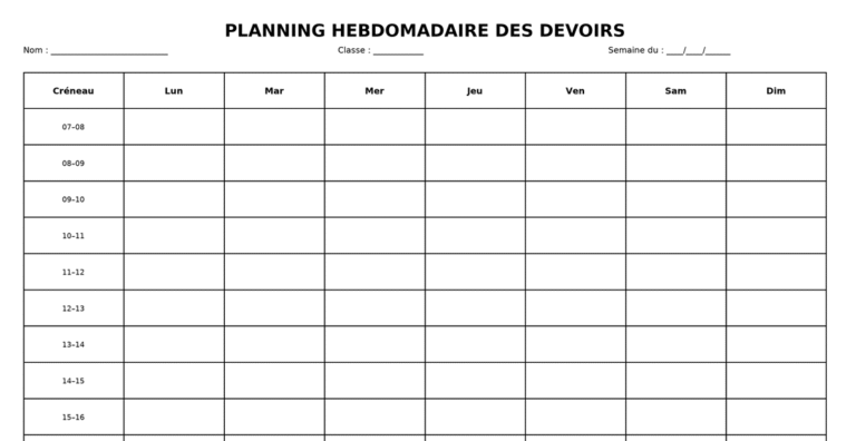 Planning organisation devoirs : 6 Modèles à imprimer
