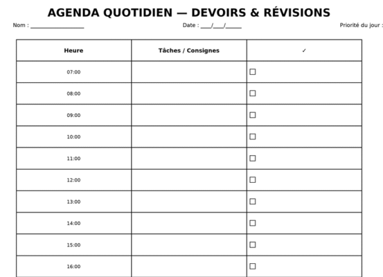 Planning organisation devoirs : 6 Modèles à imprimer