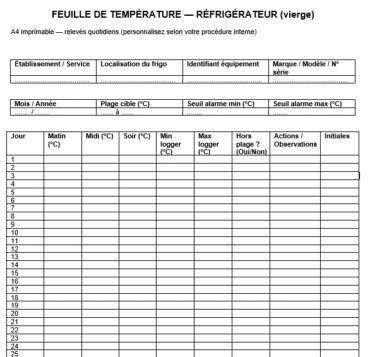 Feuille de température frigo à Imprimer (A4)