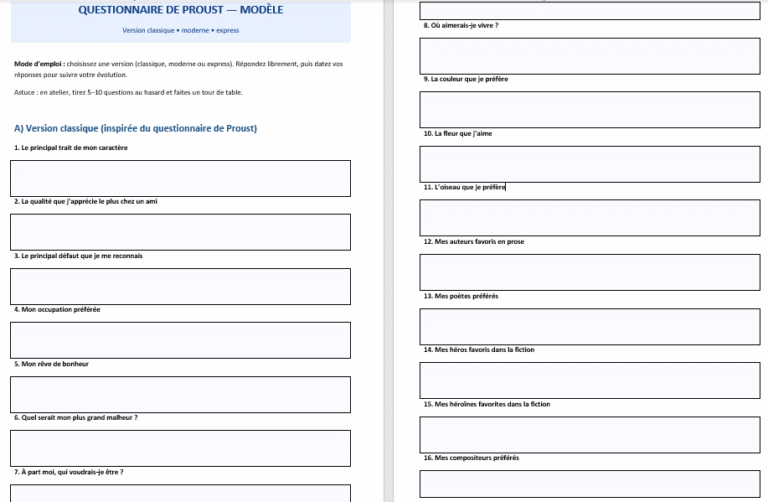 Le questionnaire de Proust : , modèles prêts à l’usage