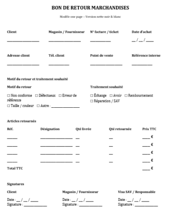 Bon de retour marchandises à imprimer : modèles Word