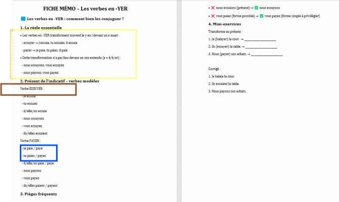 Verbes en -YER : conjugaison + Fiches Mémo et exercices corrigés
