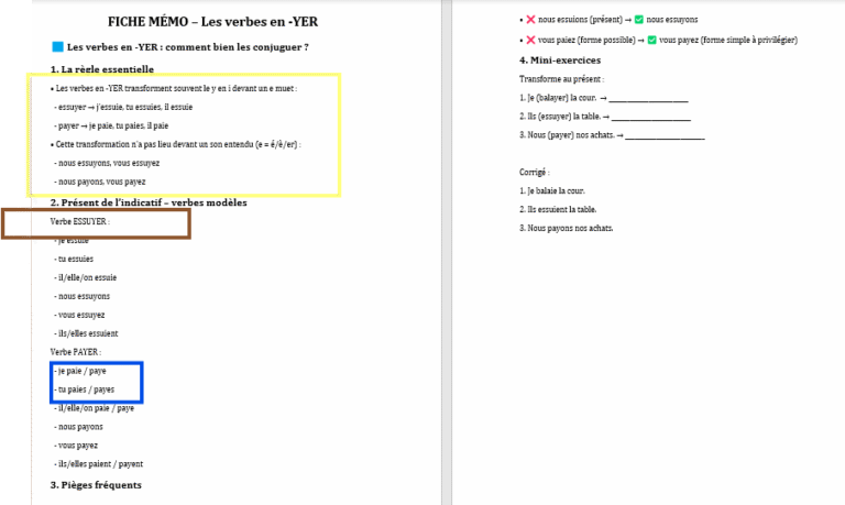 Verbes en -YER : conjugaison + Fiches Mémo et exercices corrigés