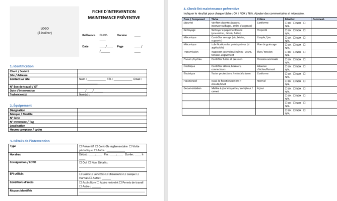 Fiche d’intervention de maintenance préventive Word et Excel