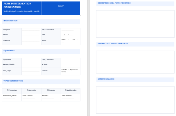 Modèle de Fiche d’intervention maintenance Word à remplir