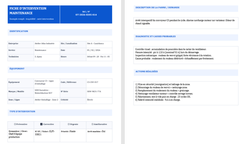 Modèle de Fiche d’intervention maintenance Word à remplir